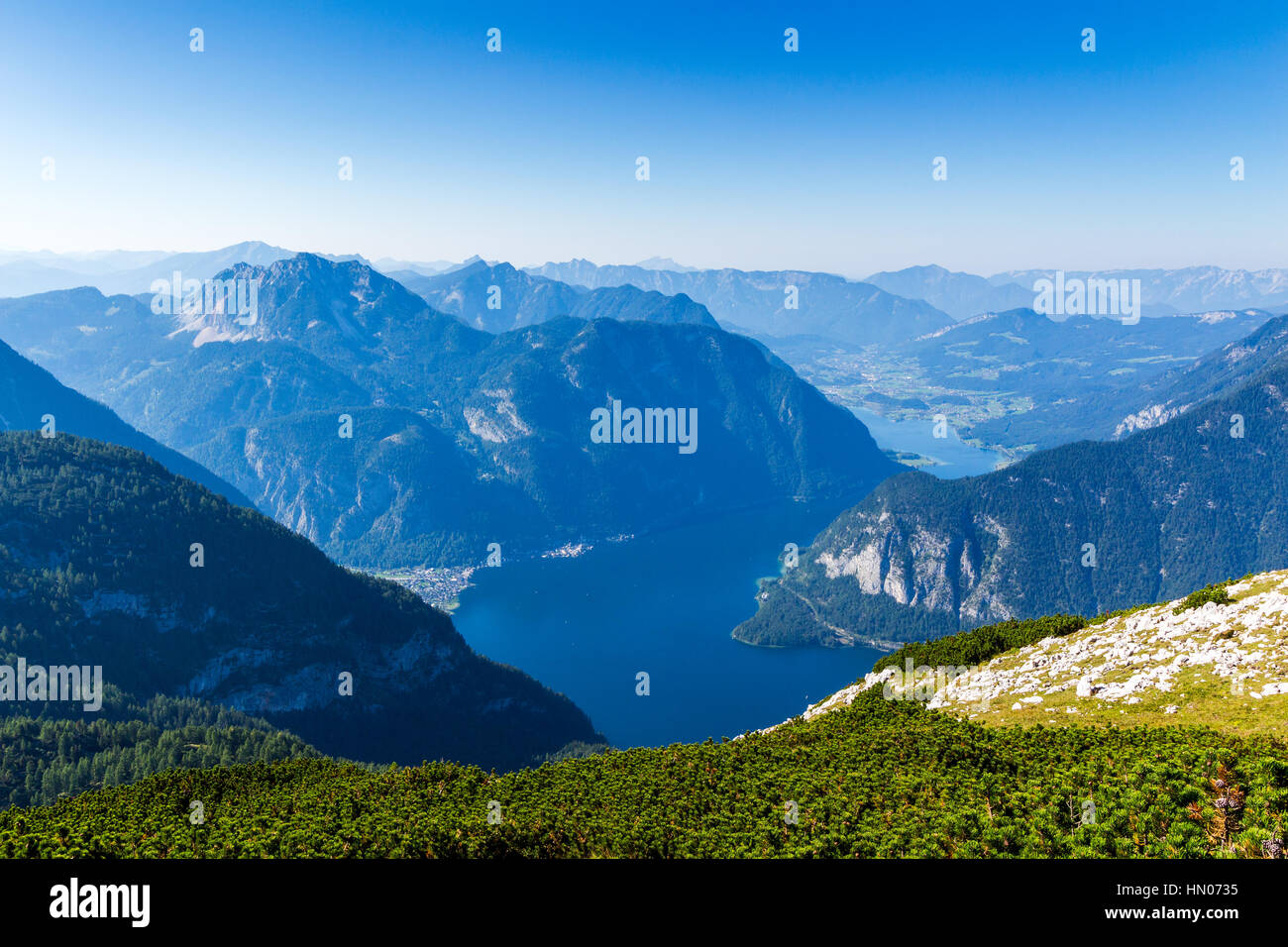 Panoramic view on Alps and lake Hallstatt from viewing platform Five ...