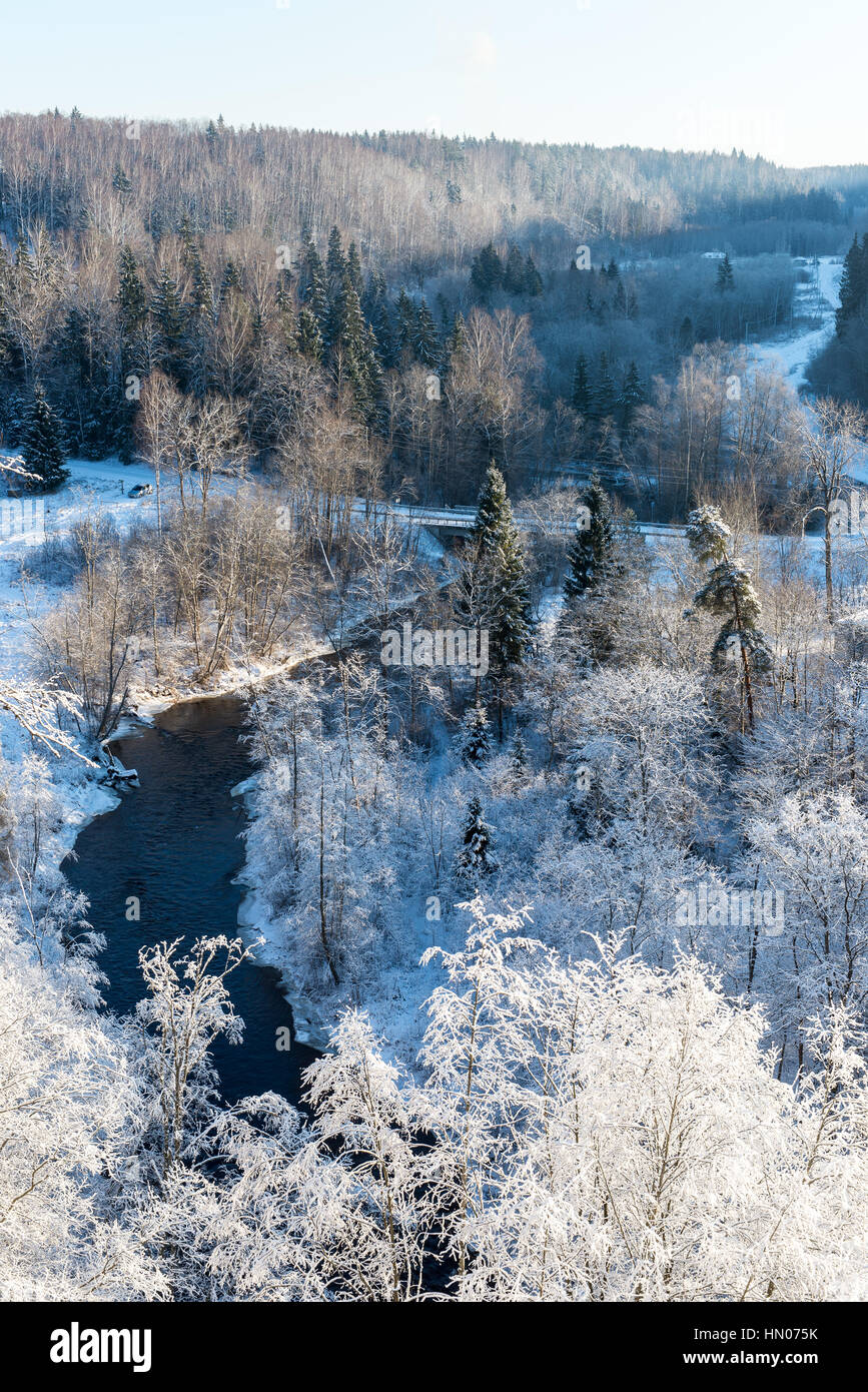snowy winter landscape with snow covered trees and blue sky Stock Photo ...