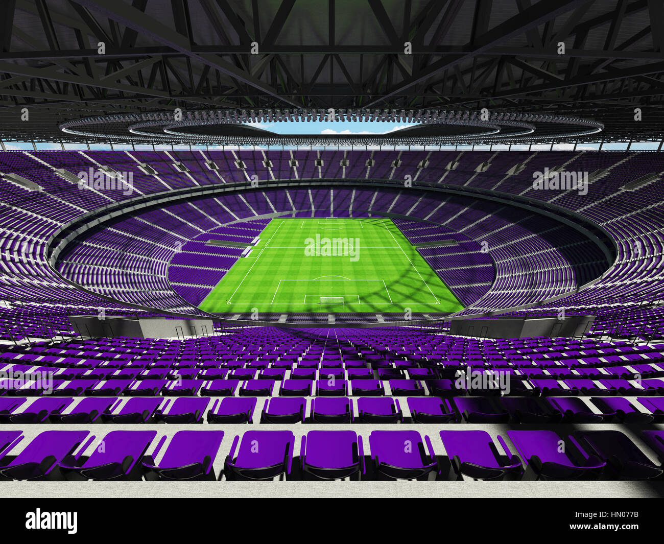 3D render of a round football - soccer stadium with purple seats and ...
