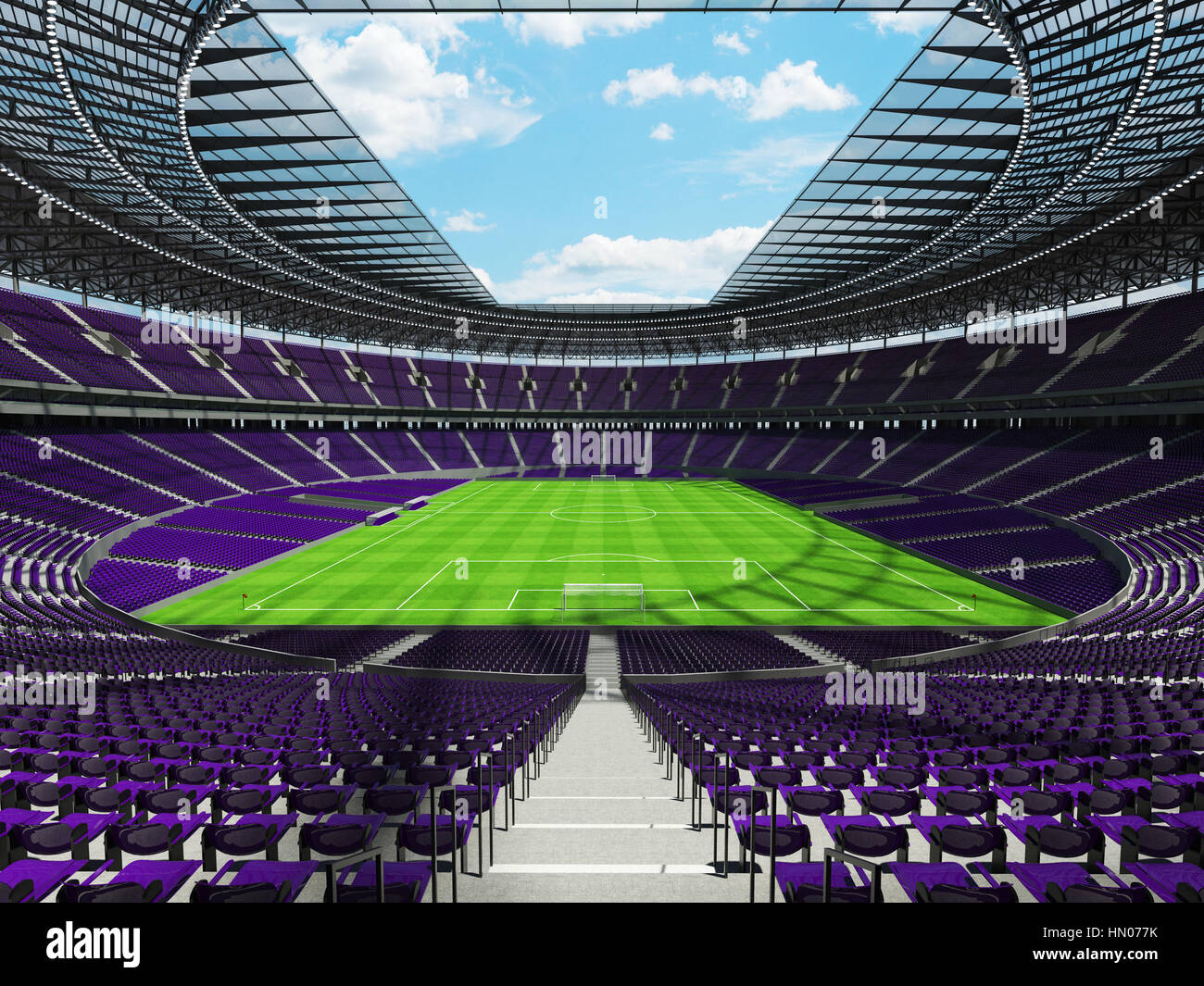 3D render of a round football - soccer stadium with purple seats and ...