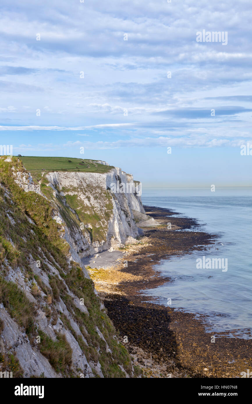 White cliffs of Dover, rocky beach, coastal hiking path, on a cloudy ...
