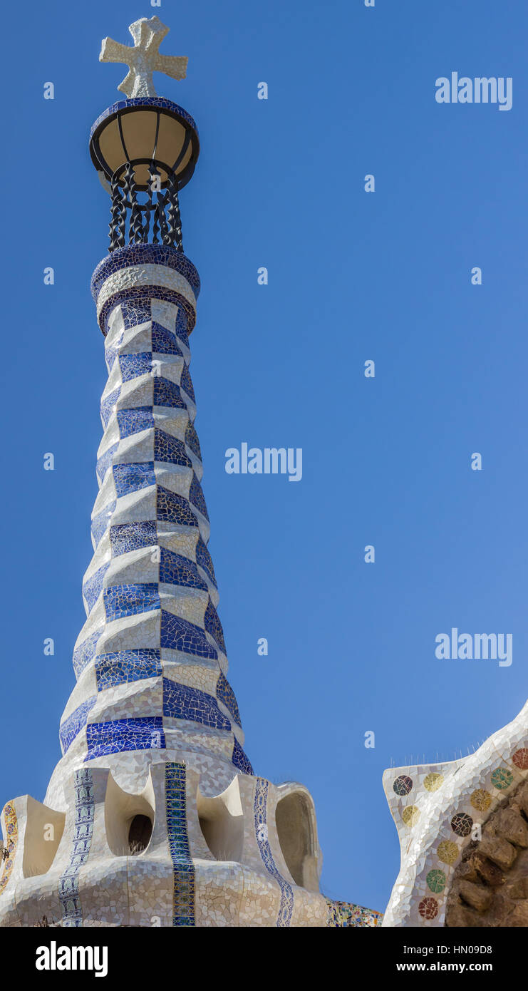 Mosaic tower of Park Guell in Barcelona, Spain Stock Photo - Alamy
