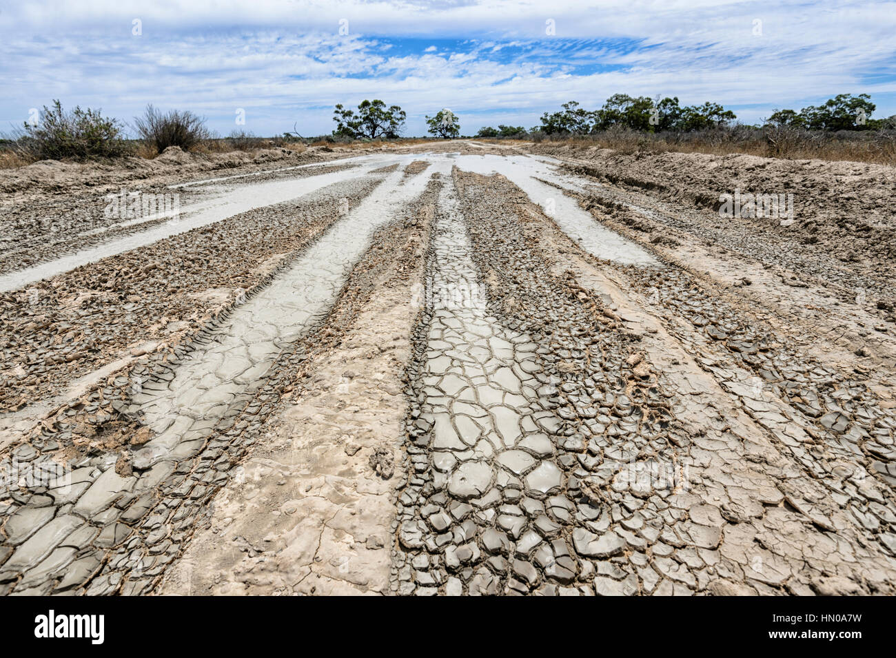 Flooded Outback unsealed road in Kinchega National Park, New South ...