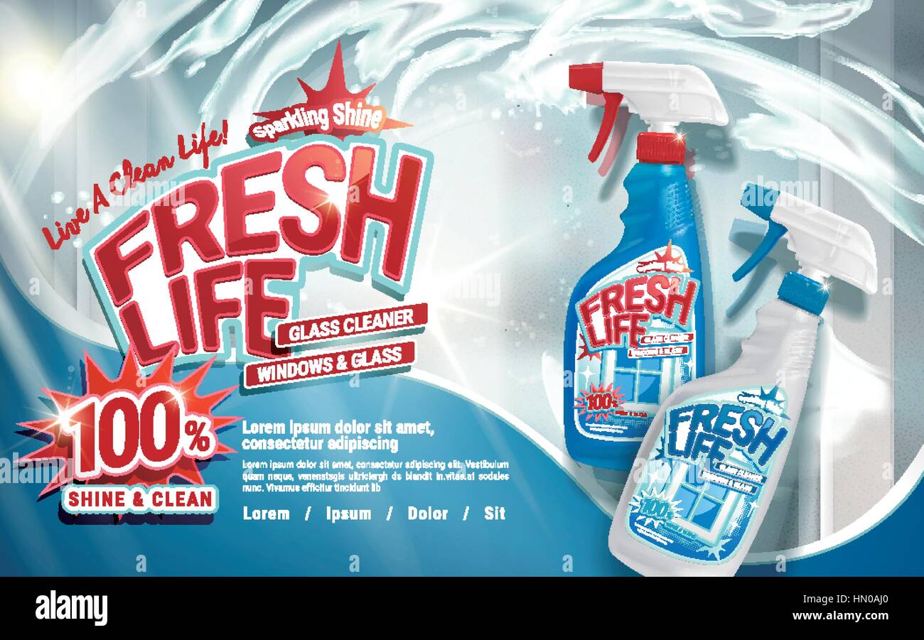 window glass cleaner contained in spray bottle, watery background, 3d ...