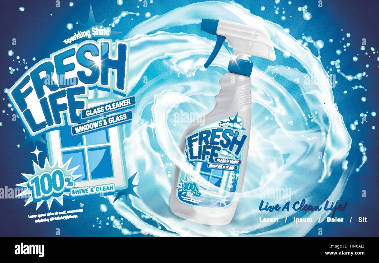 window glass cleaner contained in spray bottle, clean water flow ...