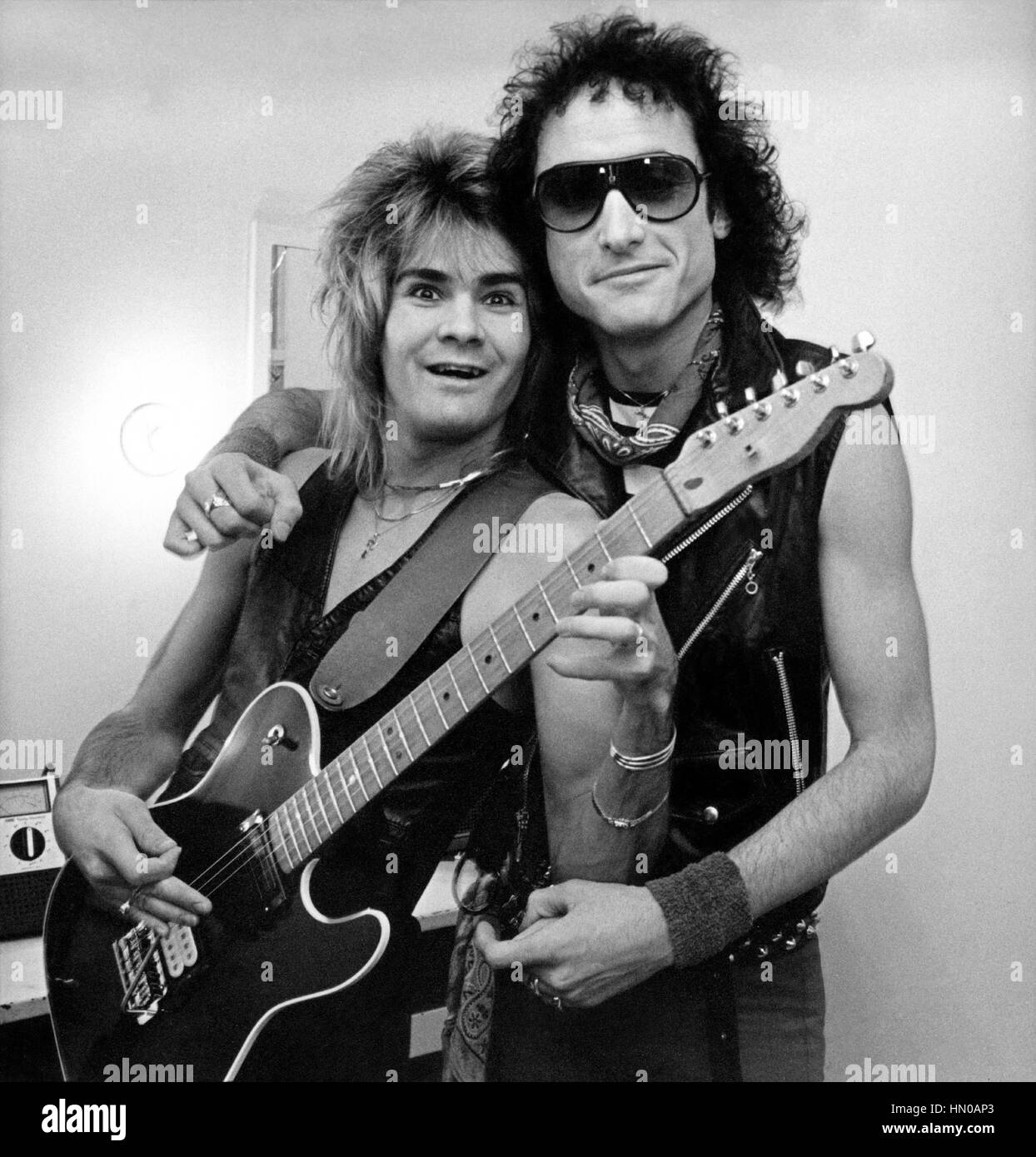 Carlos Cavazo and Kevin Dubrow of Quiet Riot in their hotel room before ...