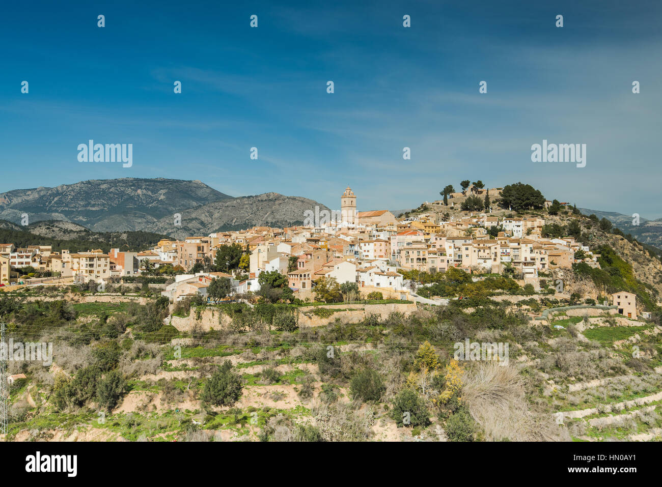 Ancient city of Polop on hill top in Costa Blanca,Alicante, Spain Stock ...