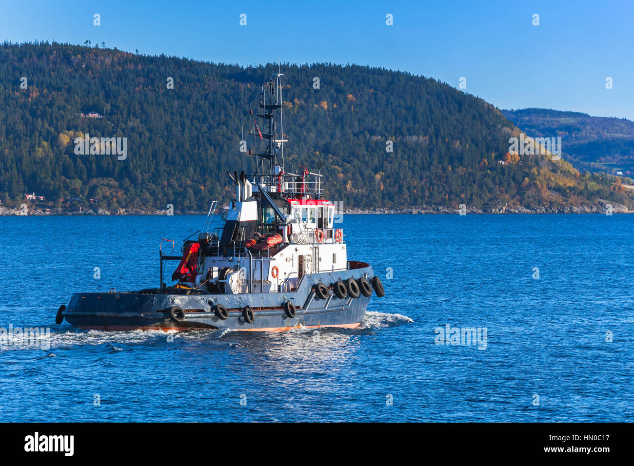 Blue tug boat with white superstructure underway, rear view. Trondheim ...
