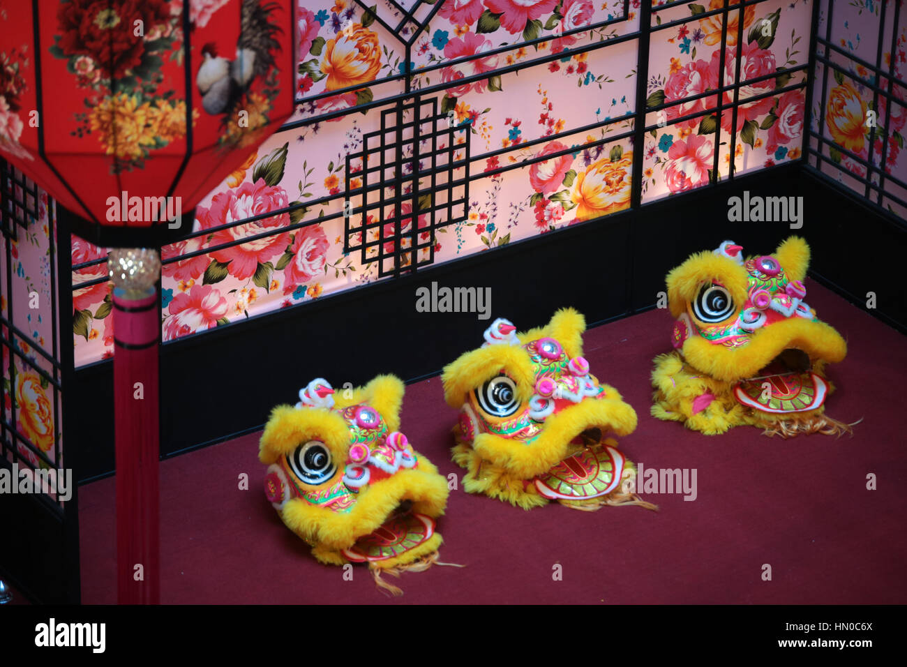 Three lion dance costumes on a red carpet stage Stock Photo - Alamy