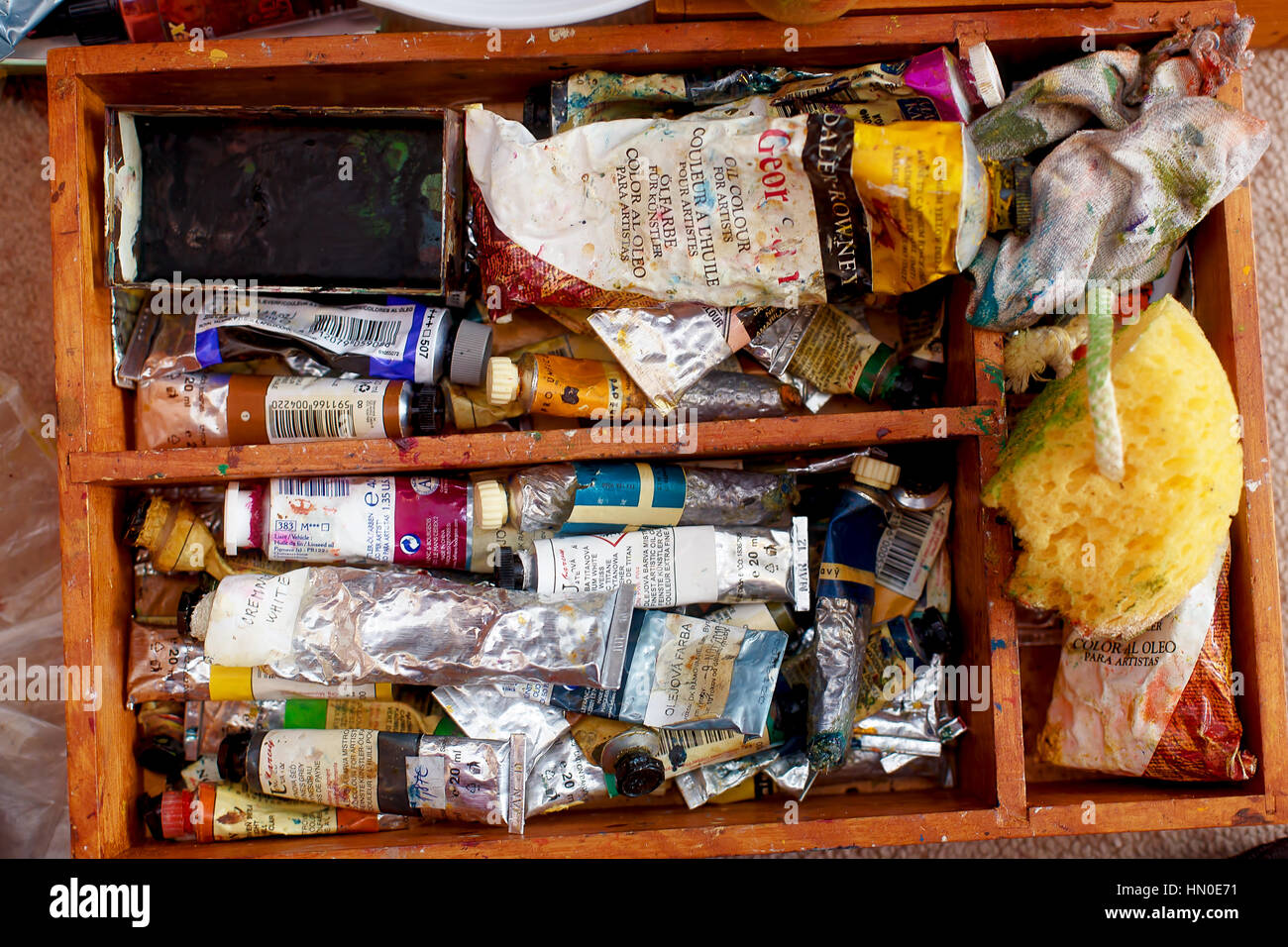 set of artist oil colours and other painting paraphernalia in wooden ...