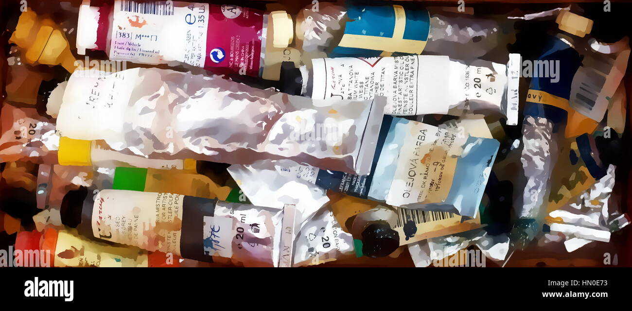 set of artist oil colours and other painting paraphernalia in wooden ...