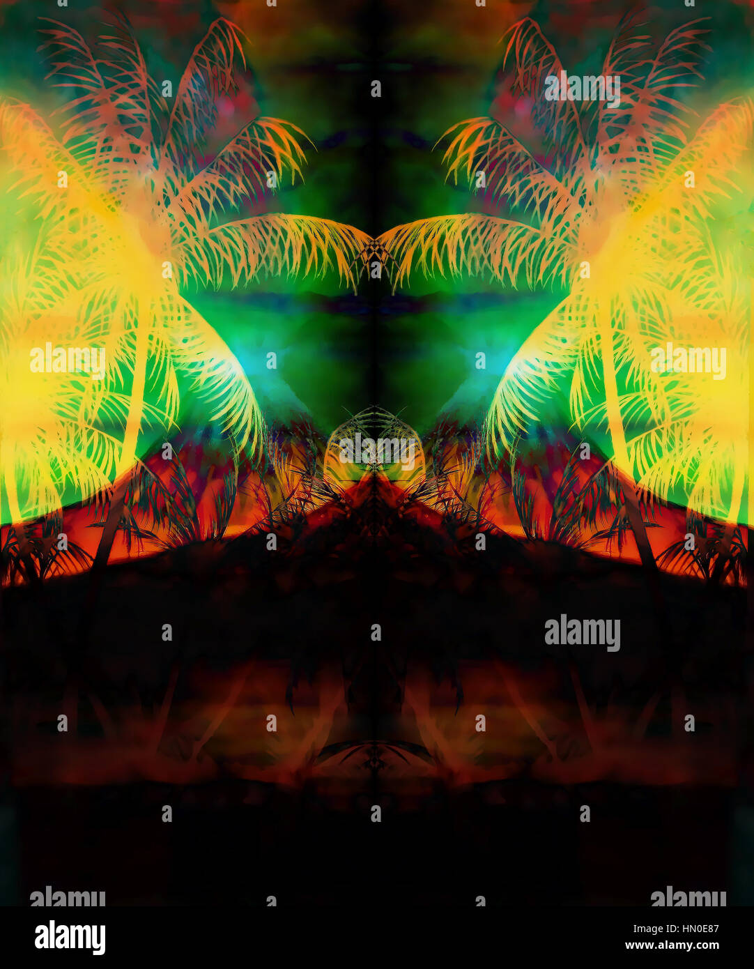 graphic design collage with palm trees and volcano in the background ...