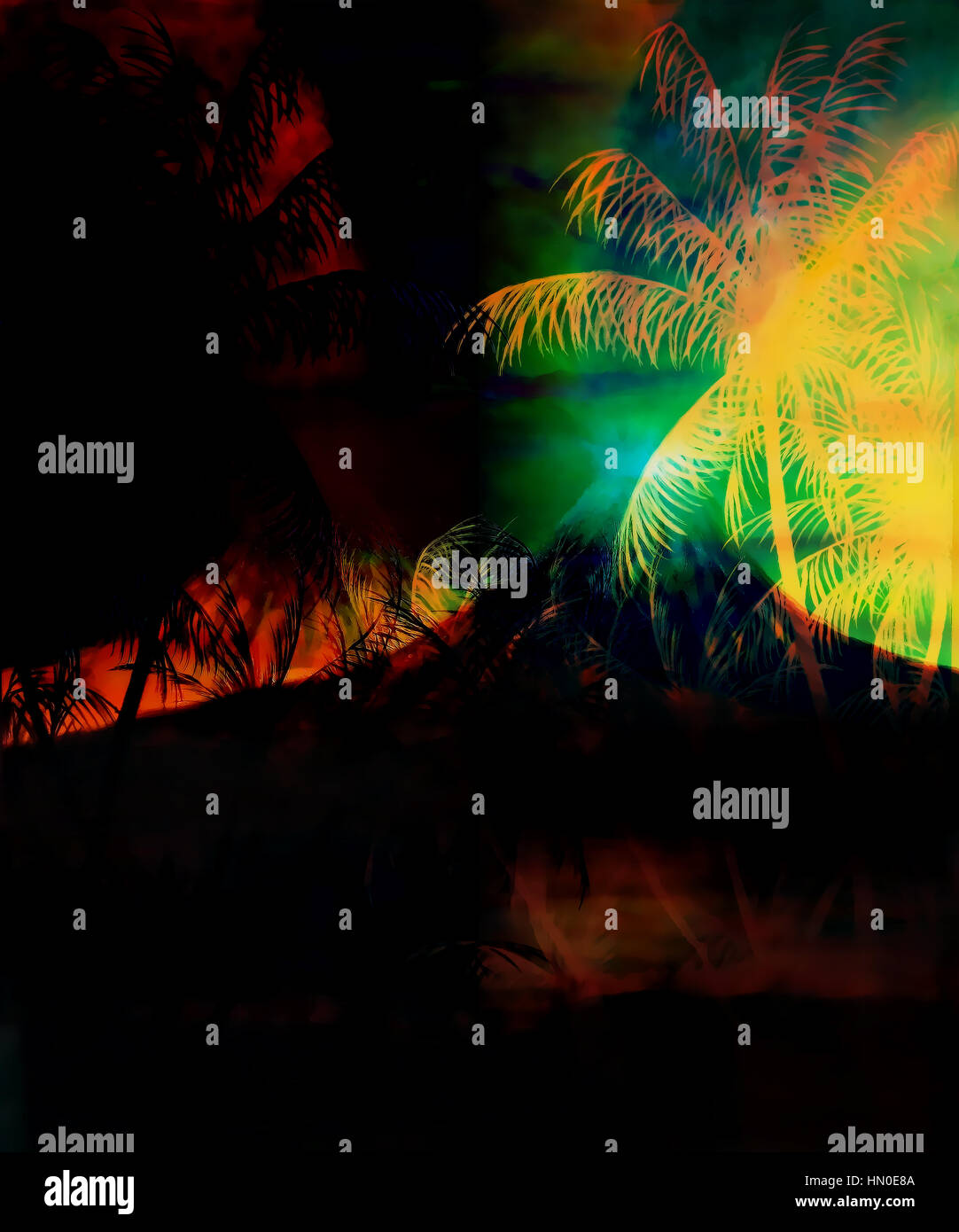 graphic design collage with palm trees and volcano in the background ...