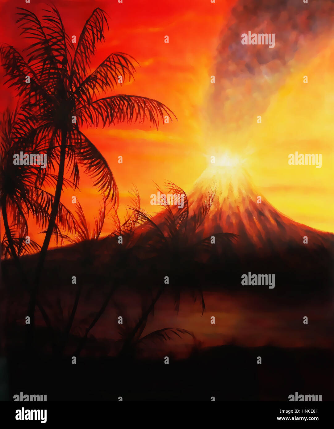graphic design collage with palm trees and volcano in the background in ...