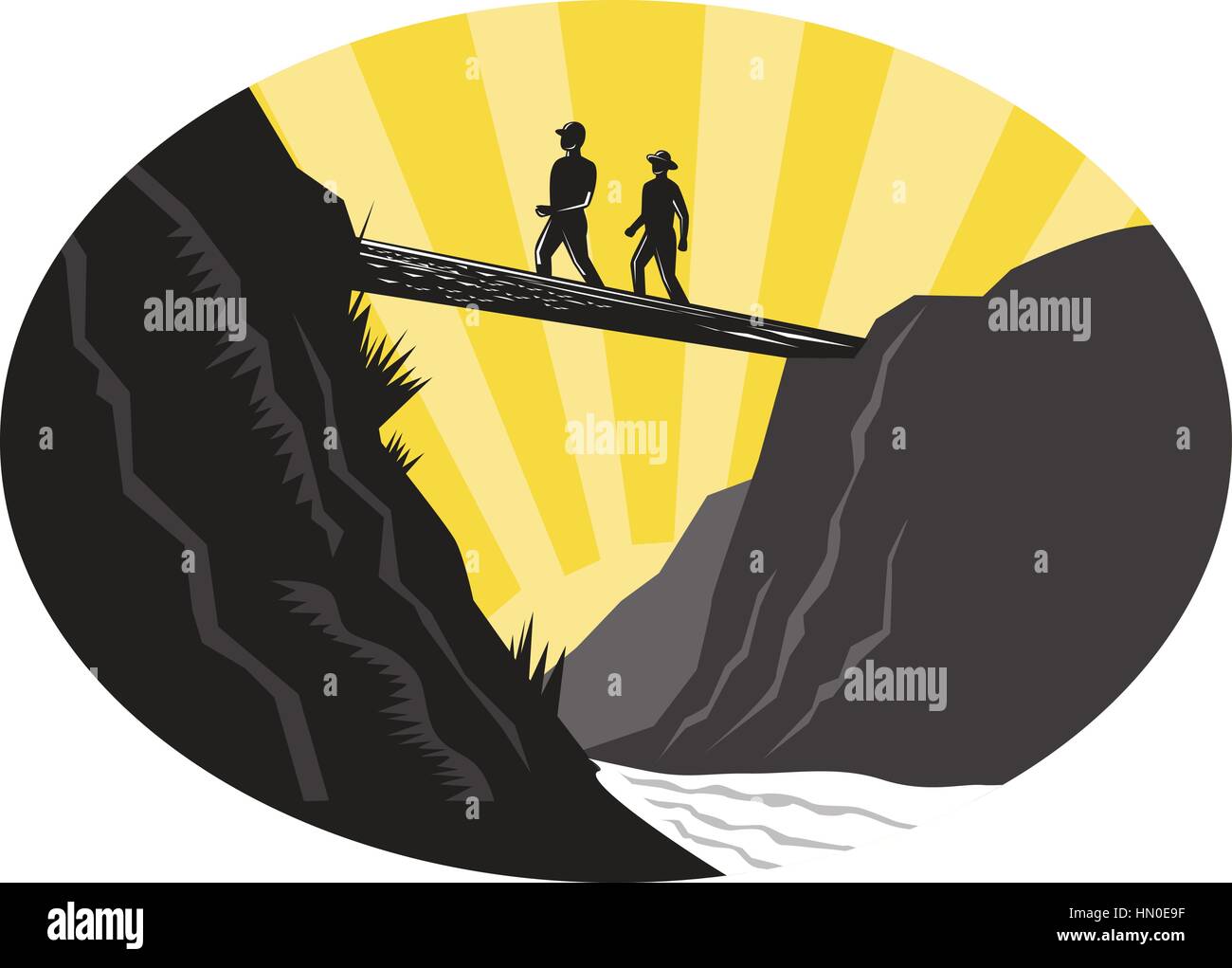 Illustration of two trampers hikers crossing a deep ravine with river ...