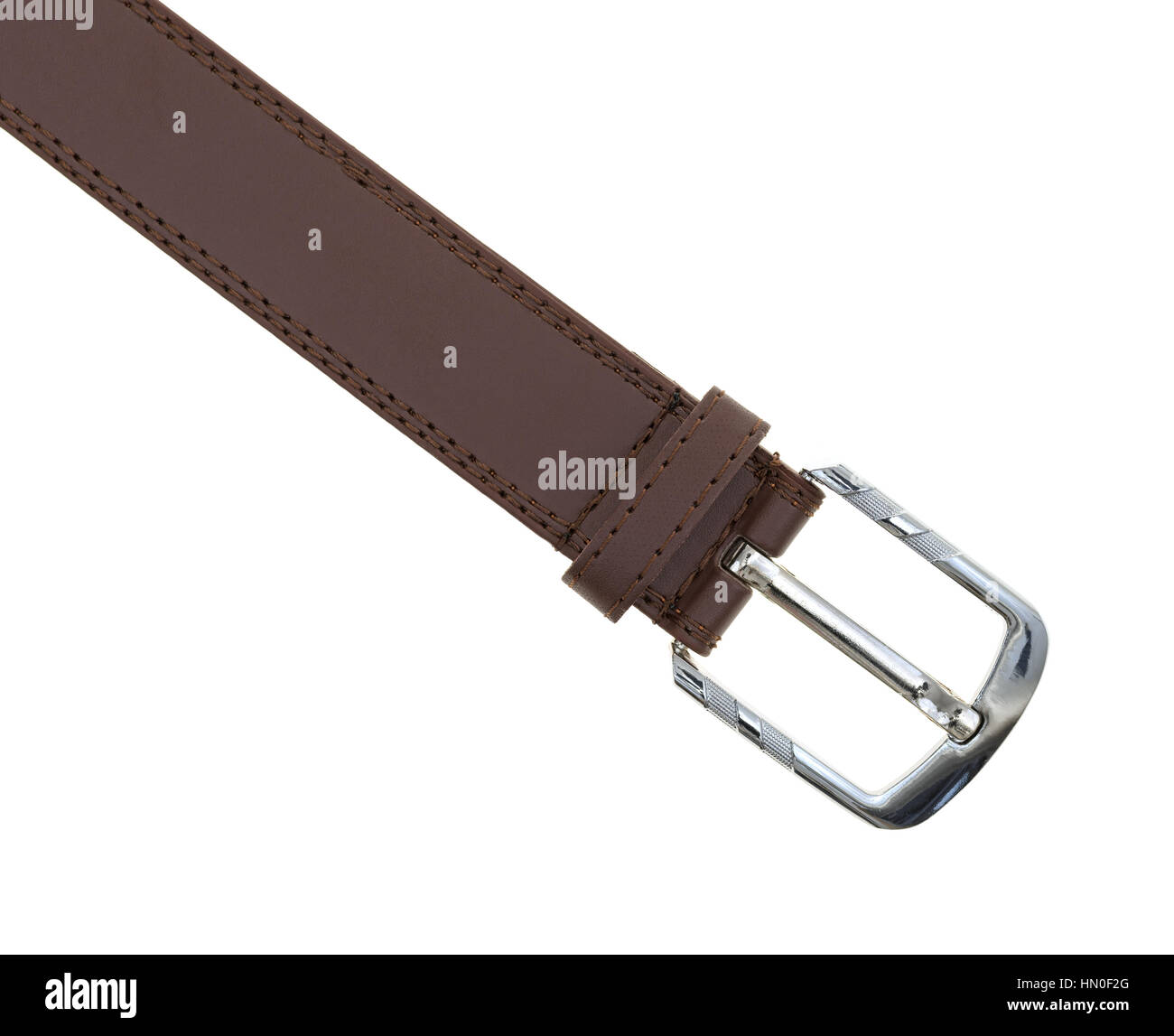 Top view of a brown leather belt with a silver buckle on a white ...