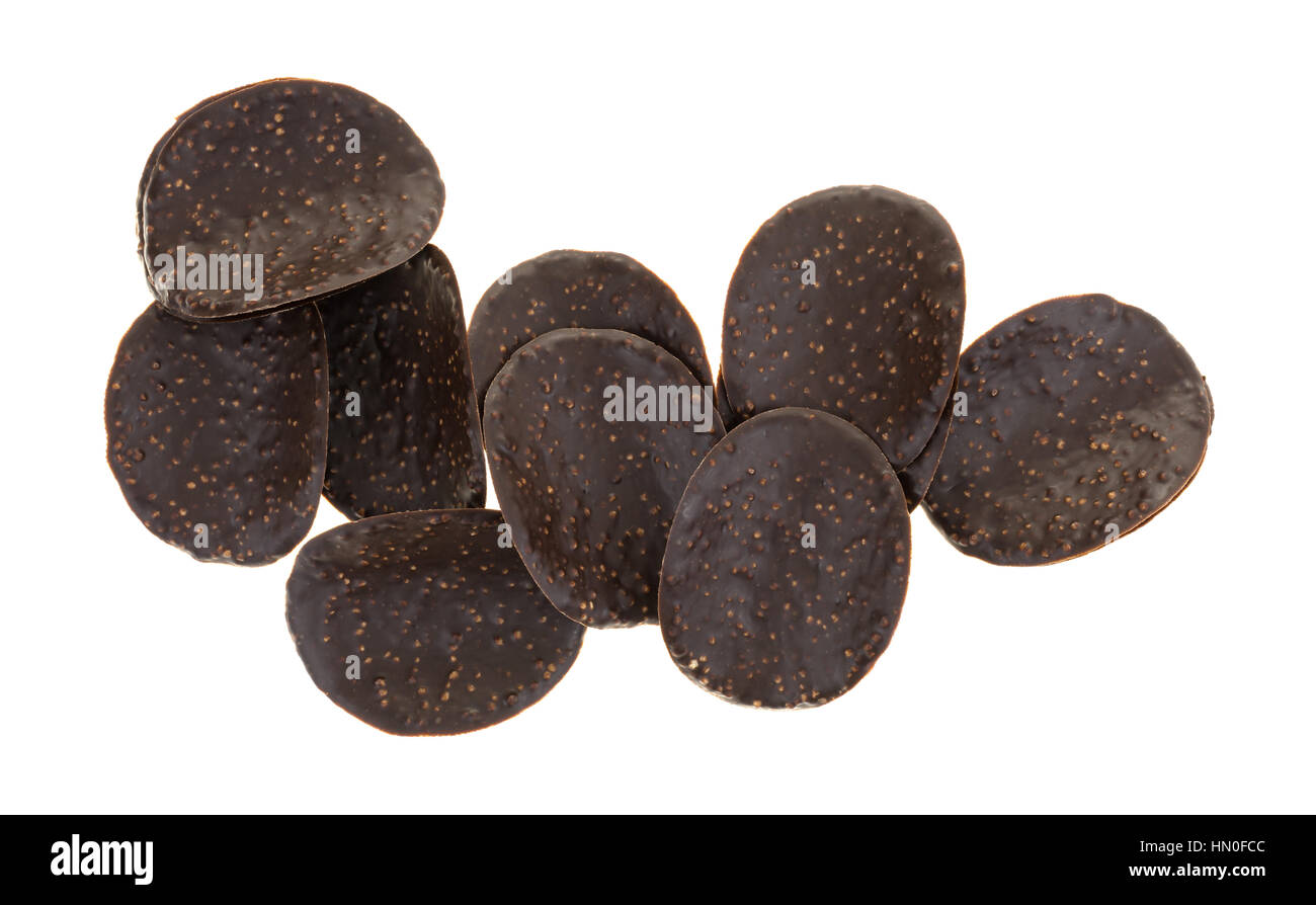 Top view of a group of dark chocolate covered rice crisp wafers ...