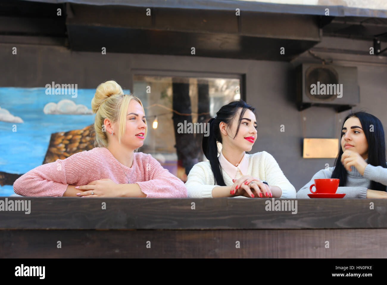 Concept female friendship, meeting, lunch. Three beautiful women ...