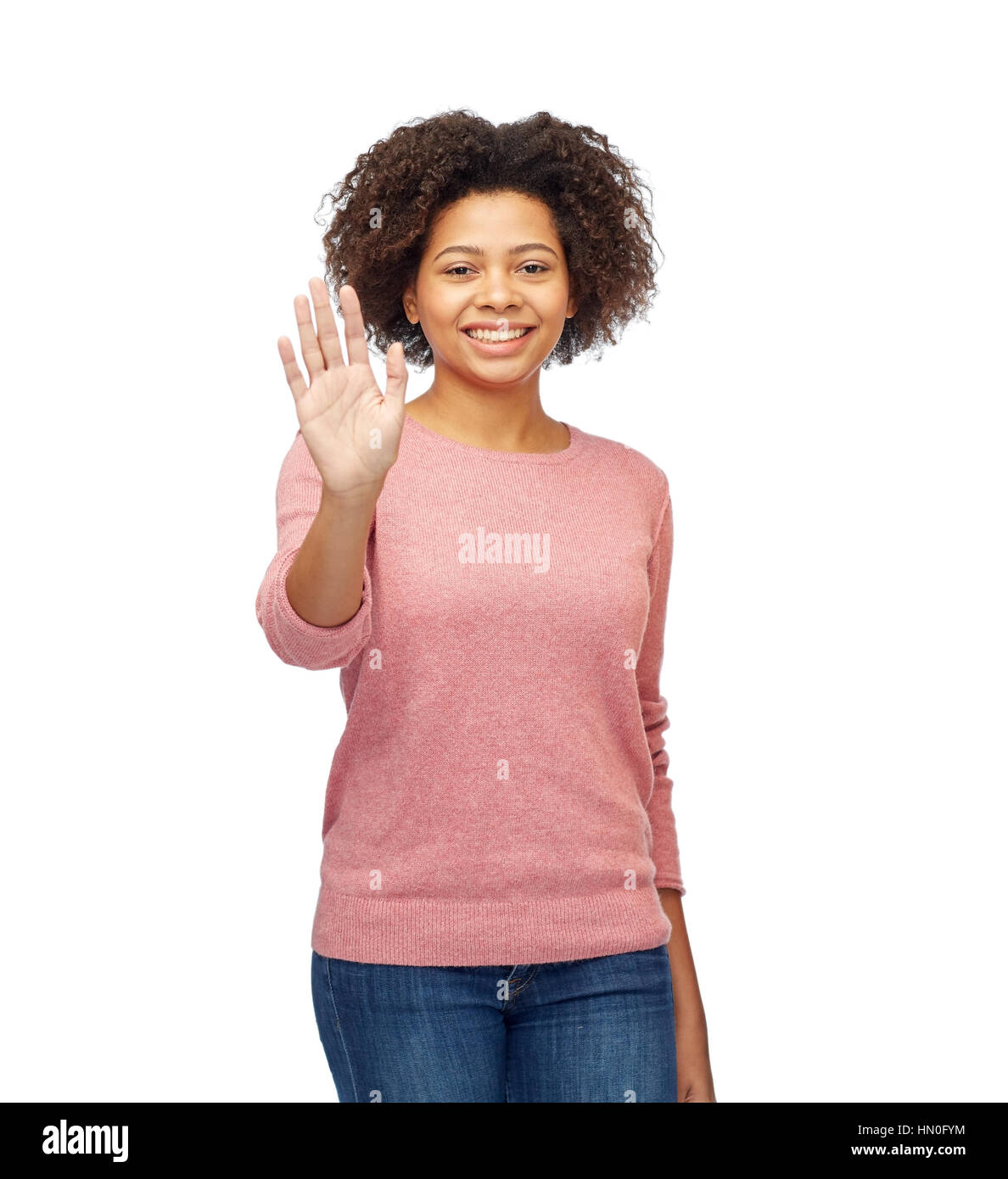 Happy african woman waving hand hi-res stock photography and images - Alamy