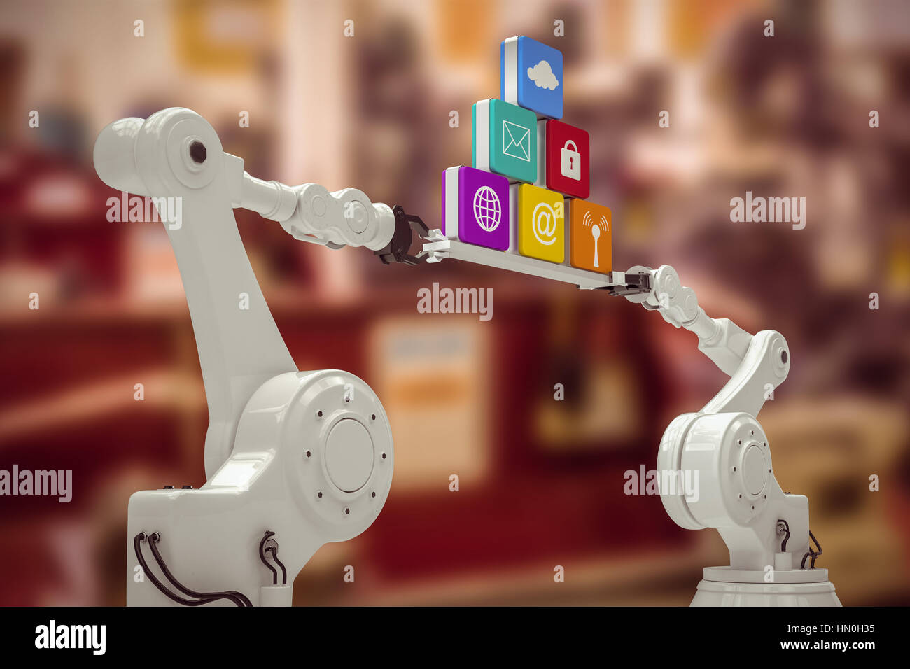 Robotic hands holding computer icons over white background against ...