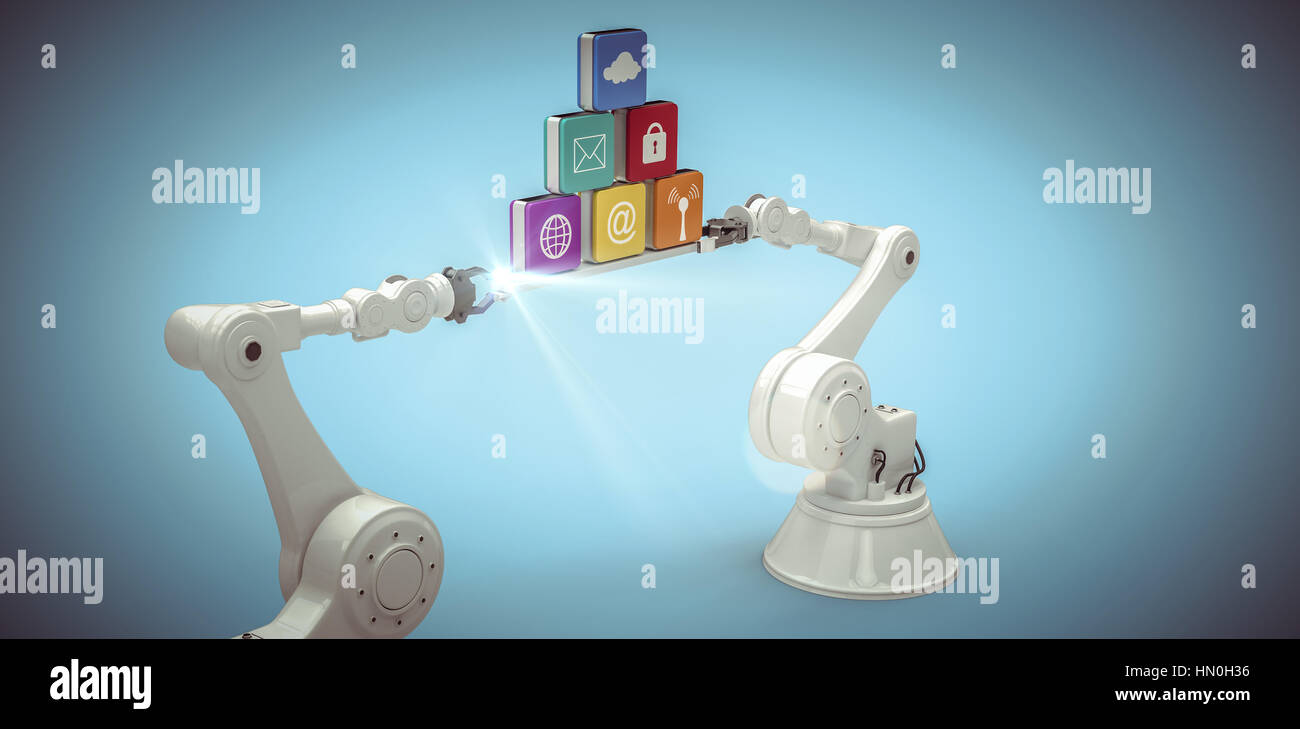 White robotic hands holding computer icons against white background ...