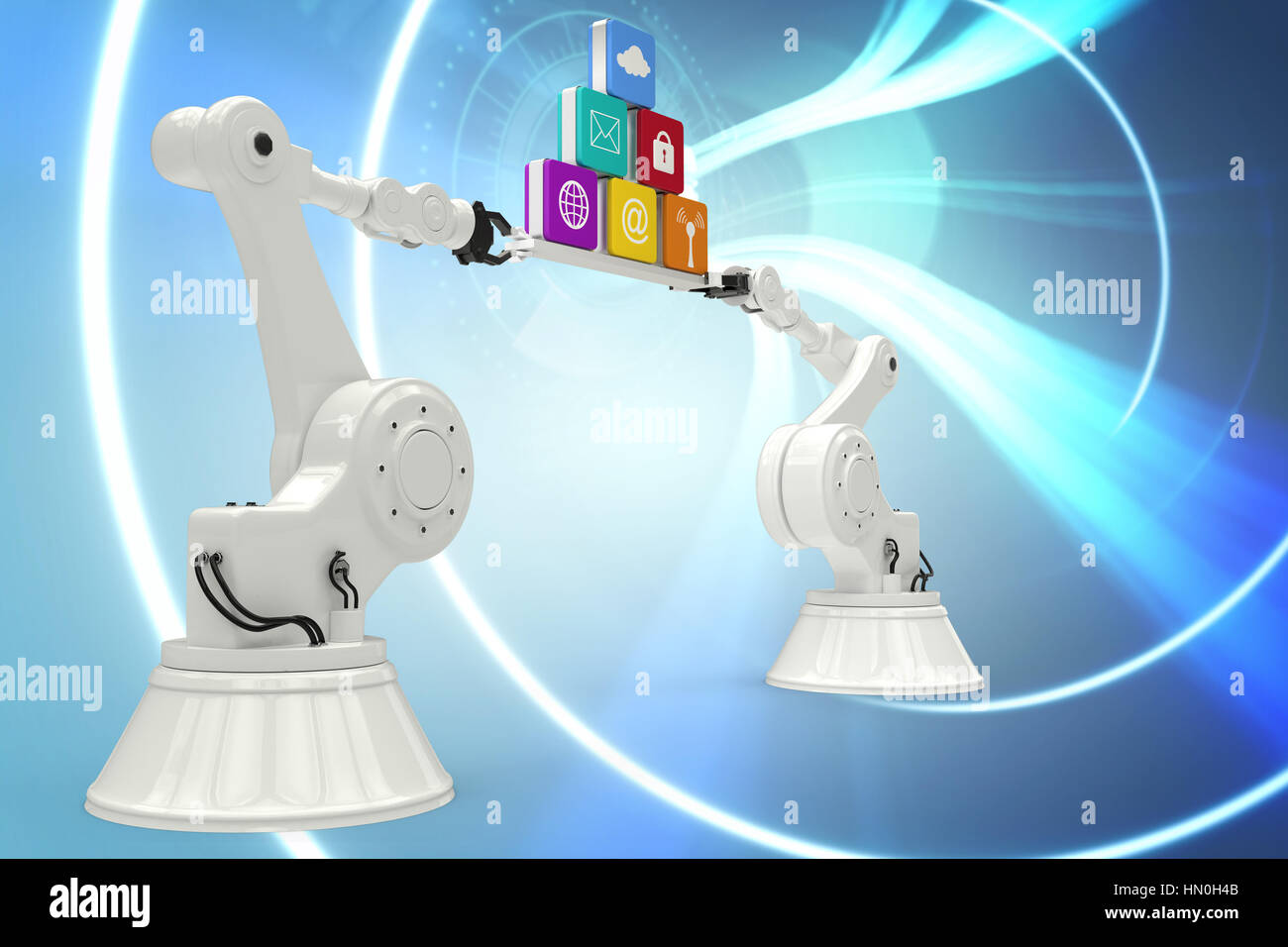 Robotic hands holding computer icons over white background against blue ...