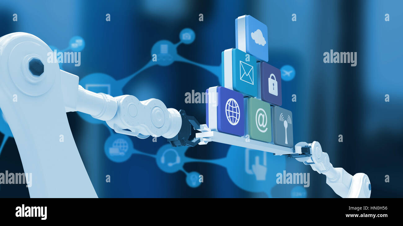 Robotic hands holding computer icons against blue background against ...