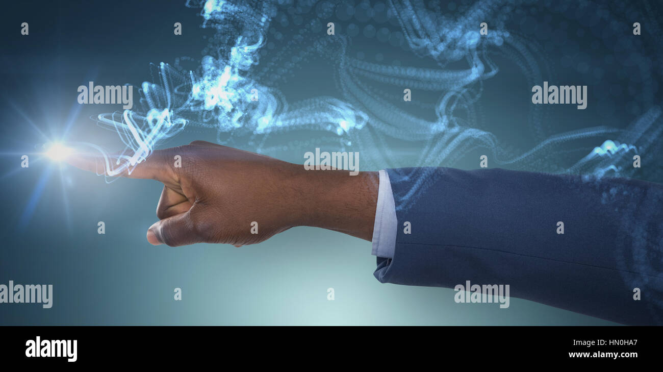 Hand pointing finger against abstract glowing blue and black background ...