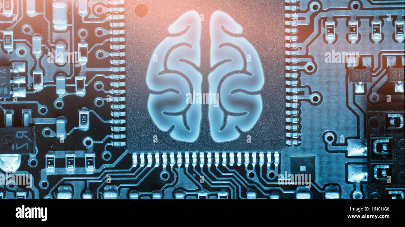 Brain against green pcb Stock Photo - Alamy