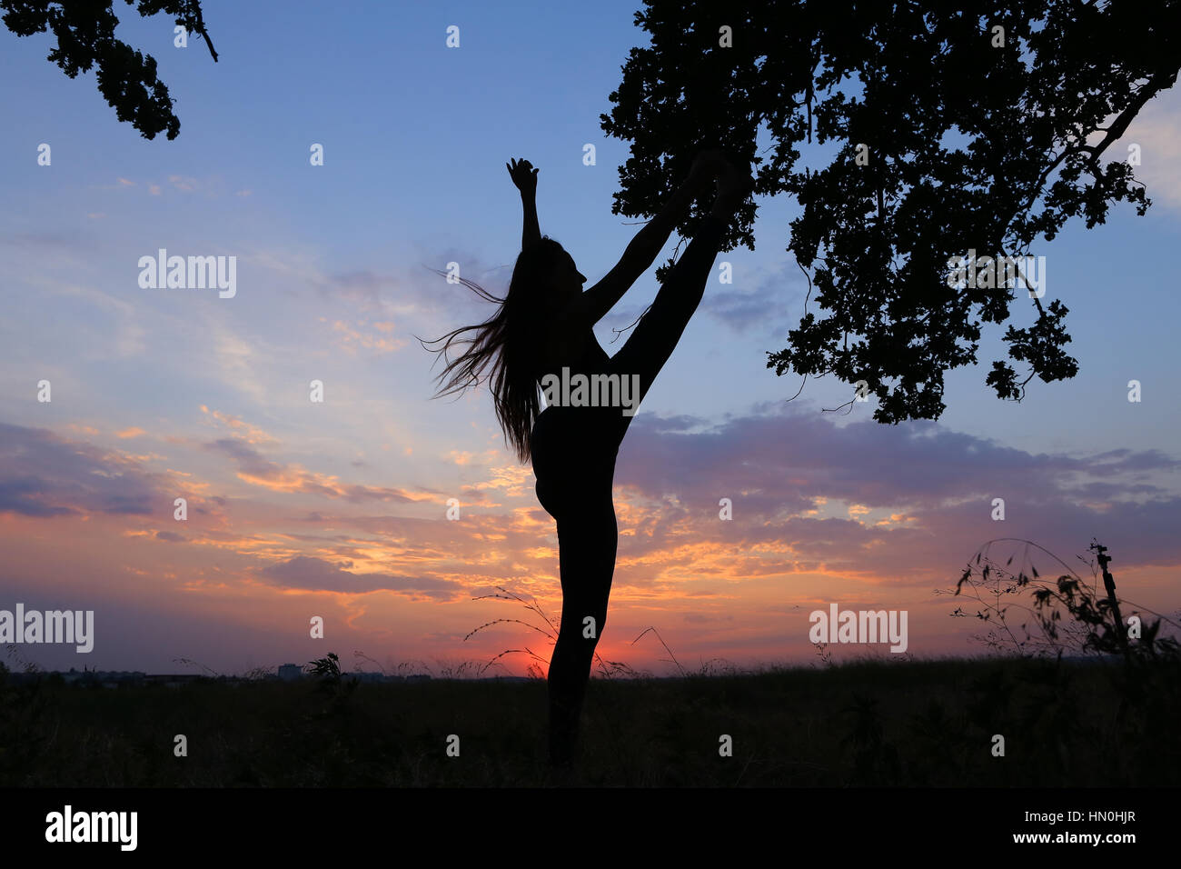 Female with beautiful figure takes yoga postures, gymnastics and ballet ...