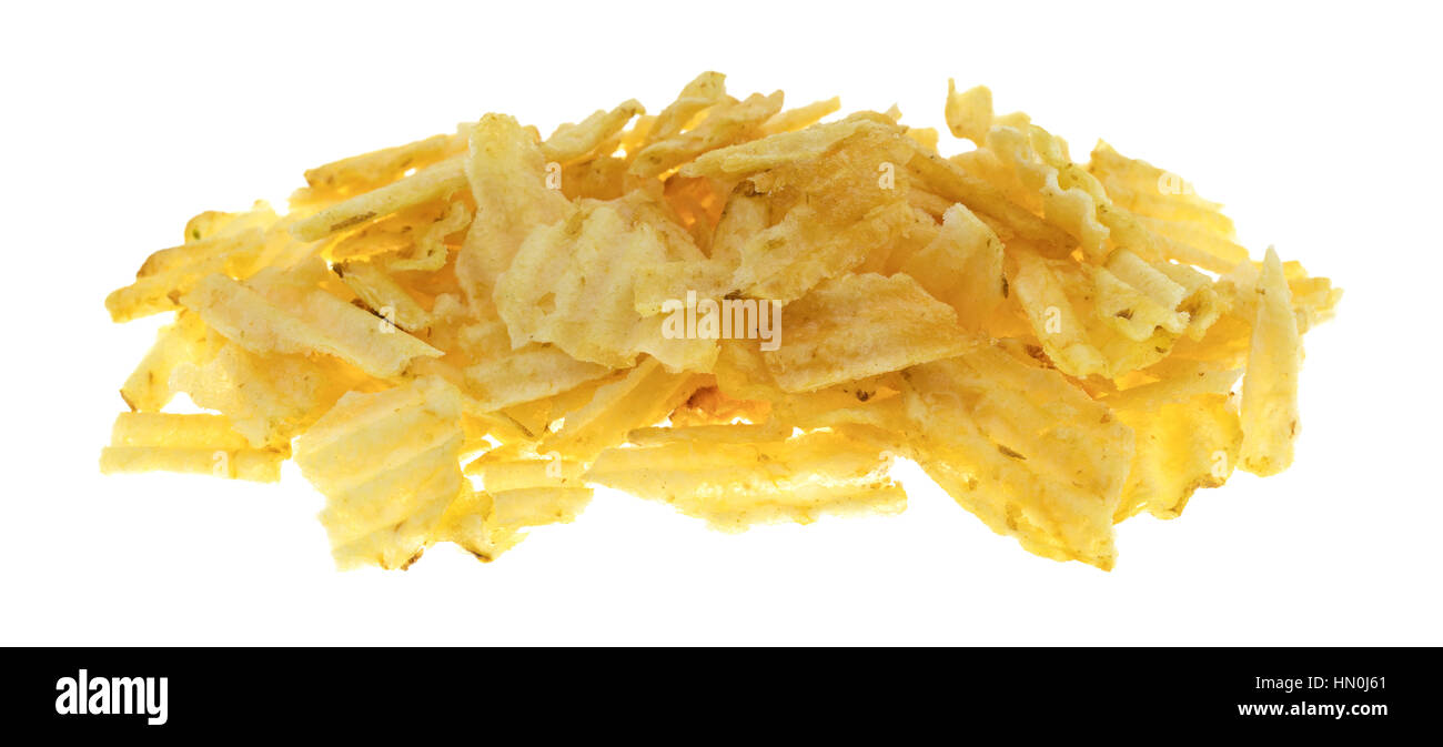 A portion of bottom of the bag broken potato chips isolated on a white ...