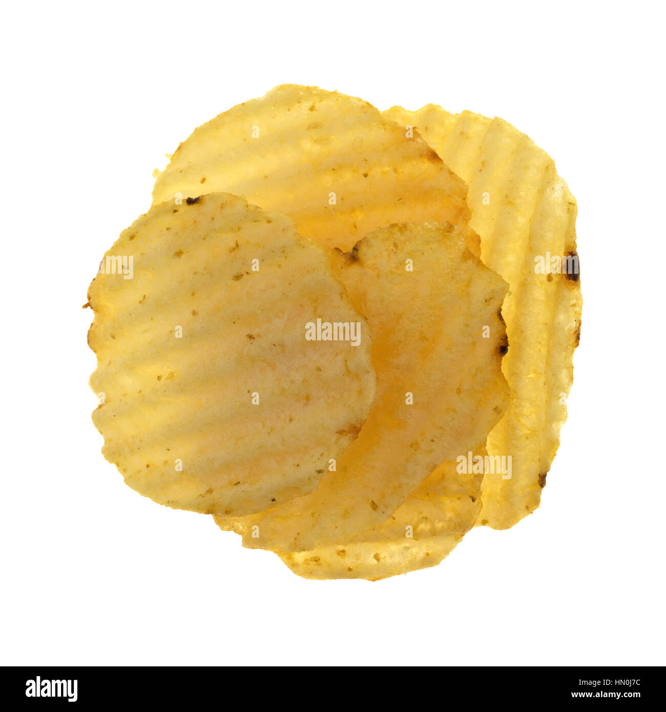 Top view of a portion of wavy potato chips isolated on a white ...