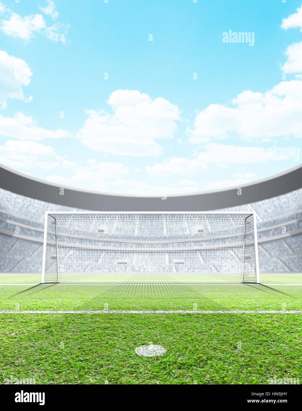 A generic seated soccer stadium showing a set of goals and penalty spot ...