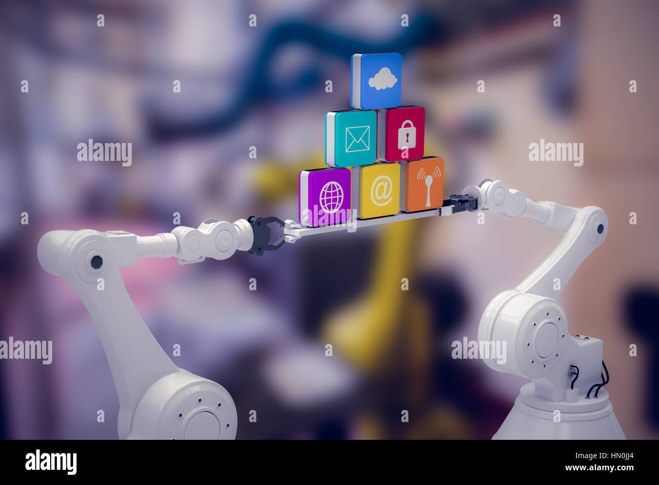 White robotic hands holding computer icons over white background ...