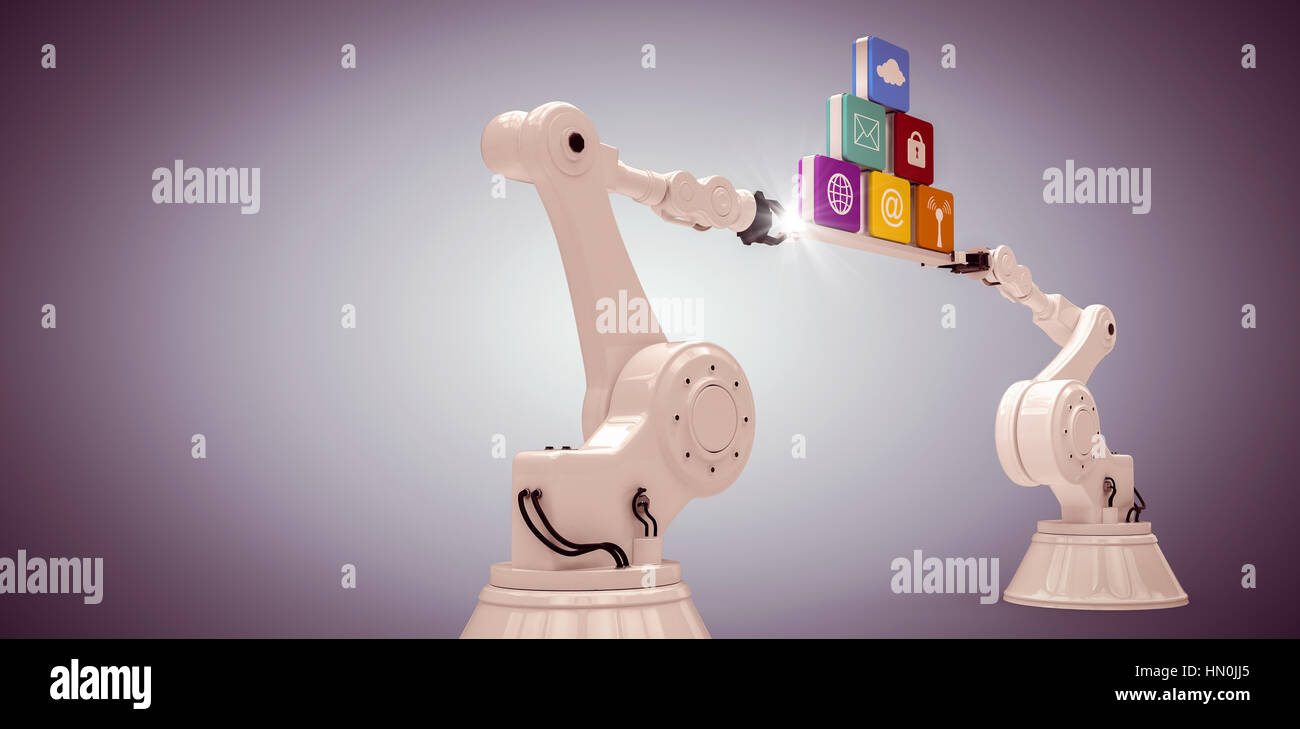 Robotic hands holding computer icons over white background against ...
