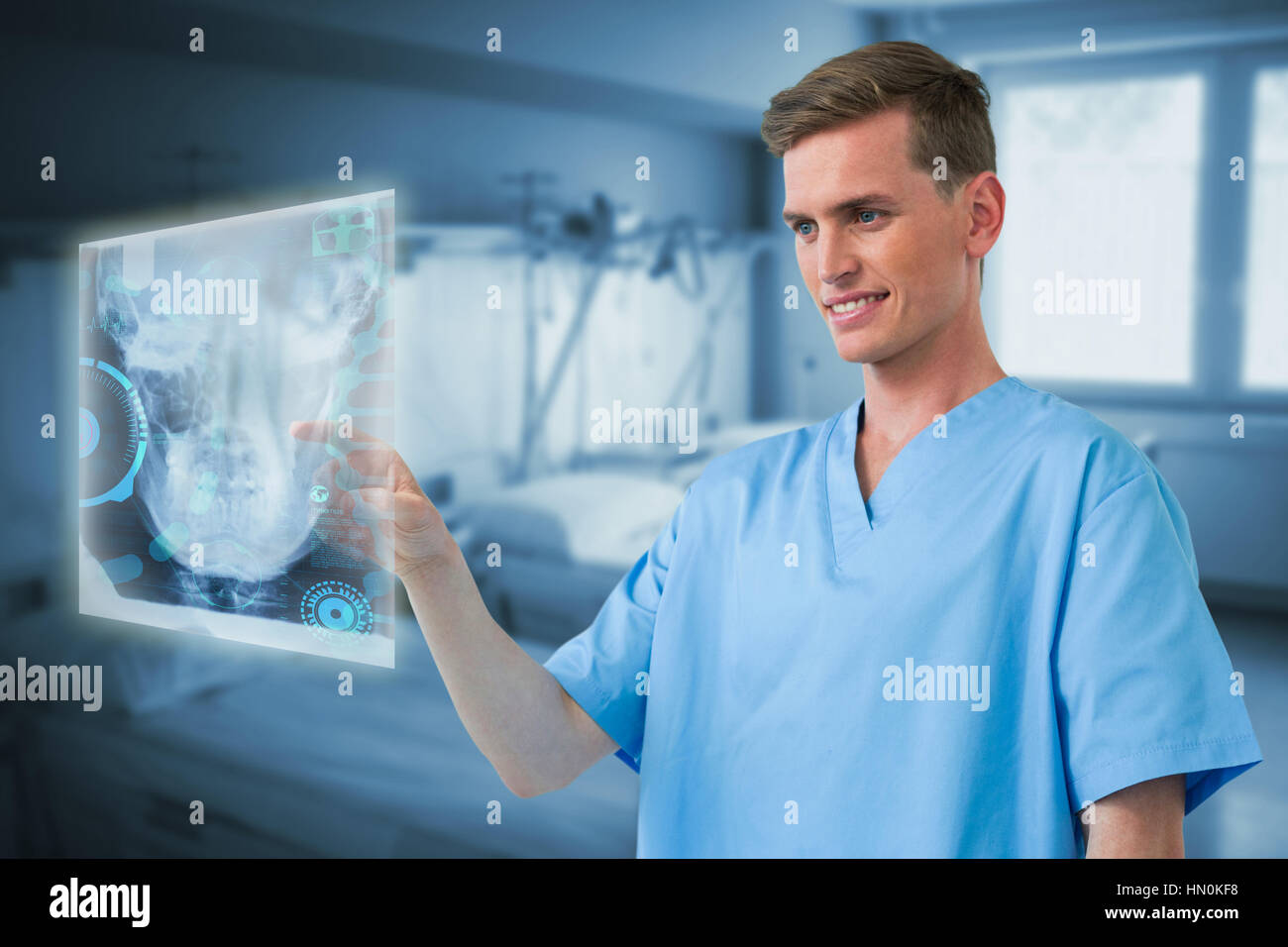 Male nurse touching an invisible screen against patient room 3d Stock ...