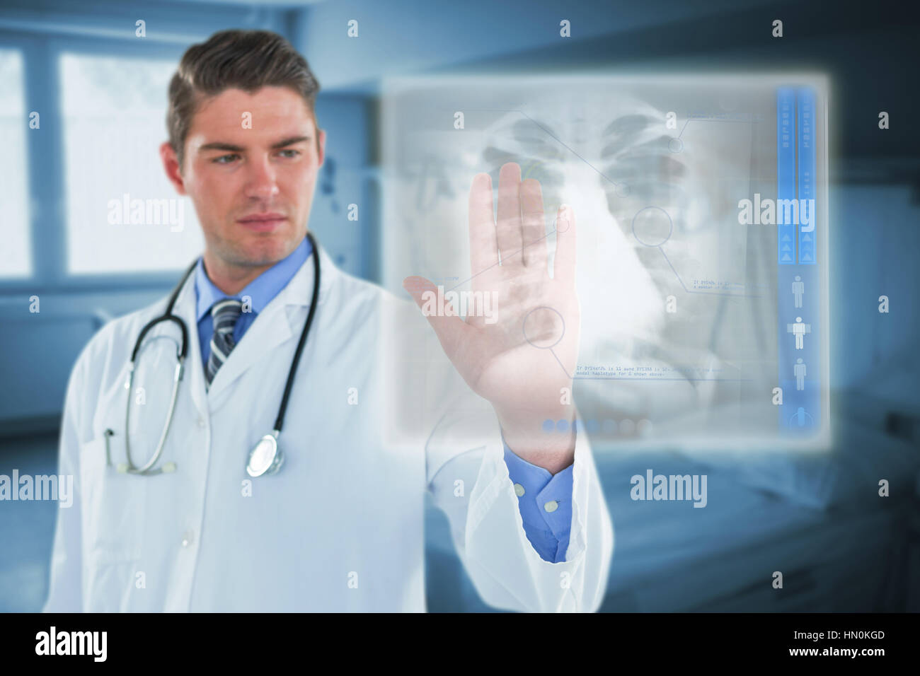 Male doctor touching an digital screen against patient room 3d Stock ...