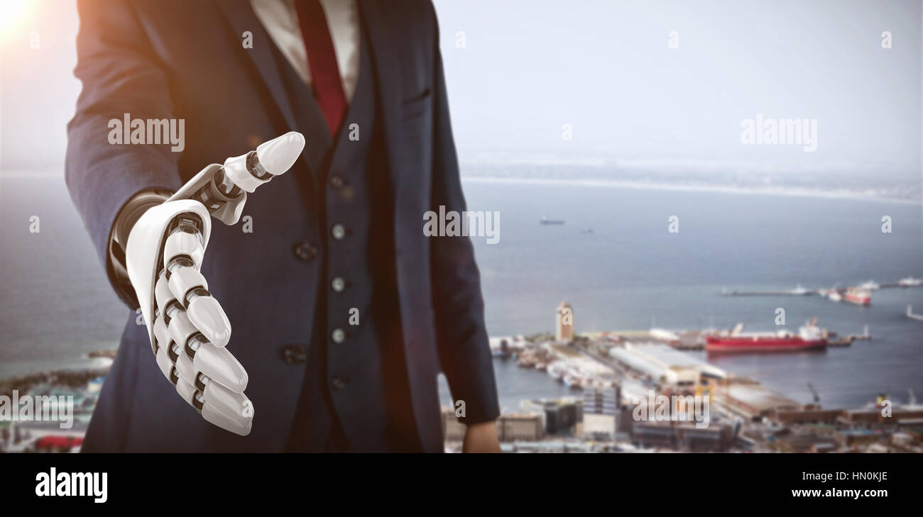 Businessman with robotic hand approaching for handshake against view of ...