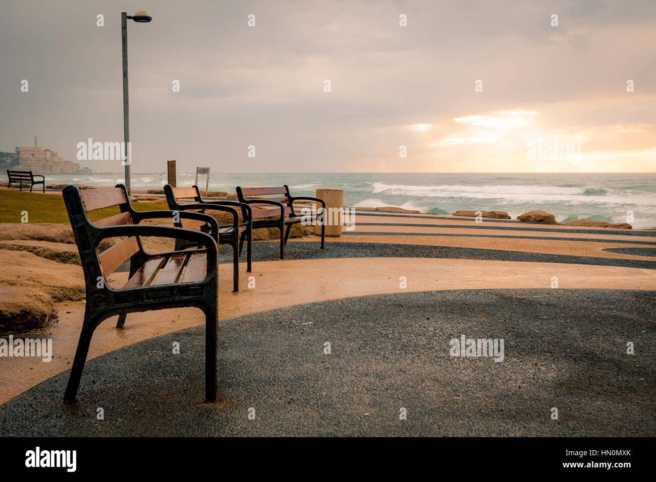 Park Benches by the Ocean at Sunset - Tel Aviv, Israel - Mediterranean ...