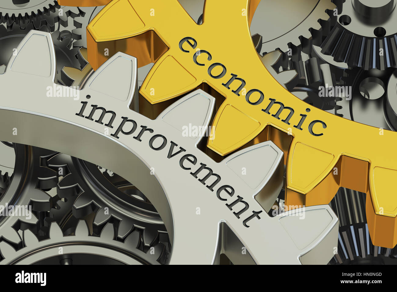 economic improvement concept on the gearwheels, 3D rendering Stock ...