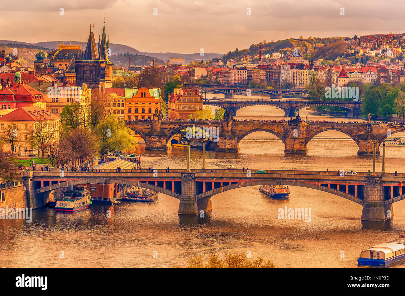 Prague, Czech Republic: romantic bridges that crosses Vltava river in ...