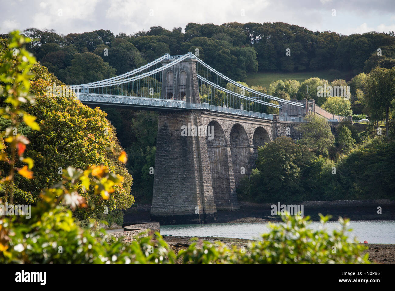 A view of the historic Menai suspension bridge spanning the Menai ...