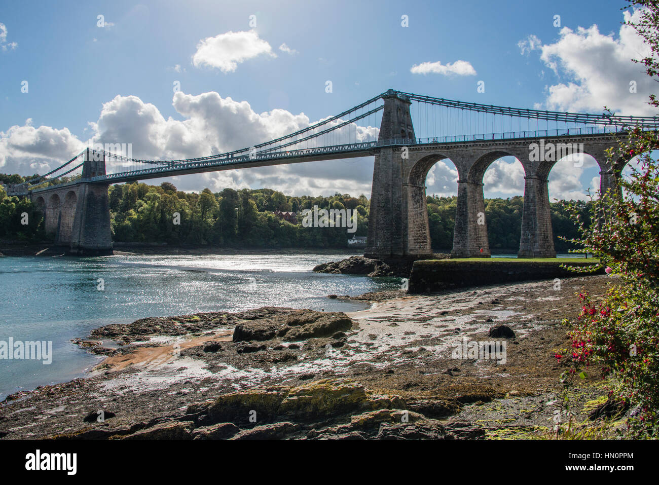 A view of the historic Menai suspension bridge spanning the Menai ...