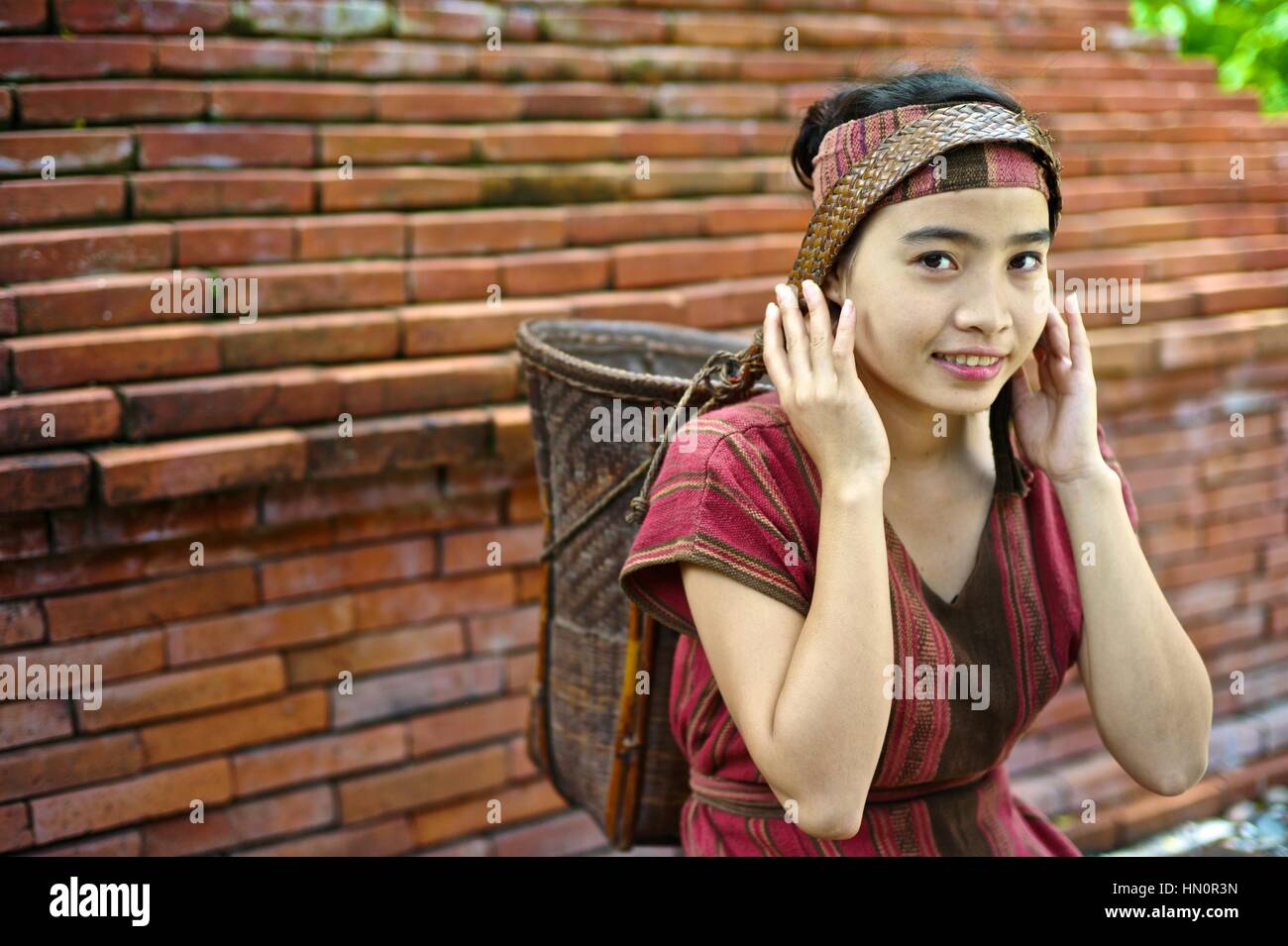Teen girl wearing a Khmu country side traditional dress in Laos. Name ...