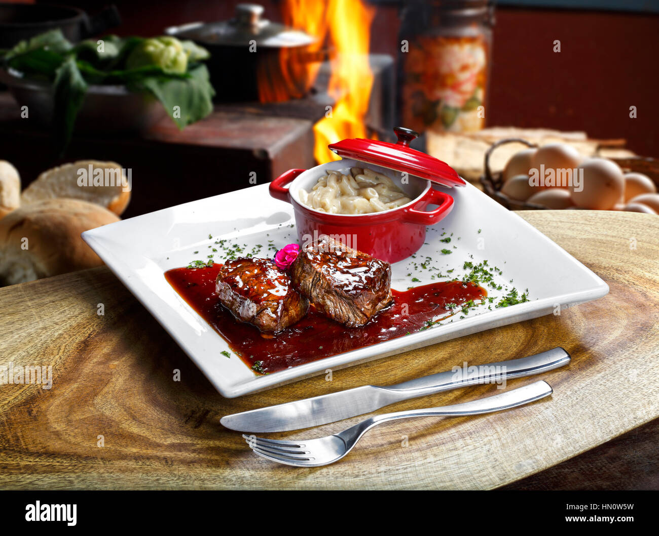 Filet mignon with pasta Stock Photo - Alamy