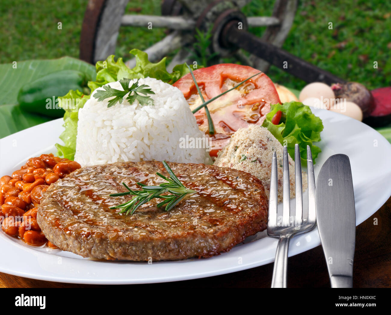 hamburger meat with rice and salad Stock Photo - Alamy