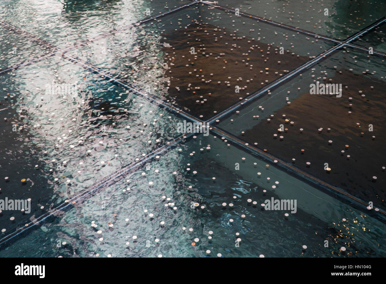 Coins visible under the surface of the wishing pool in the Water Court ...