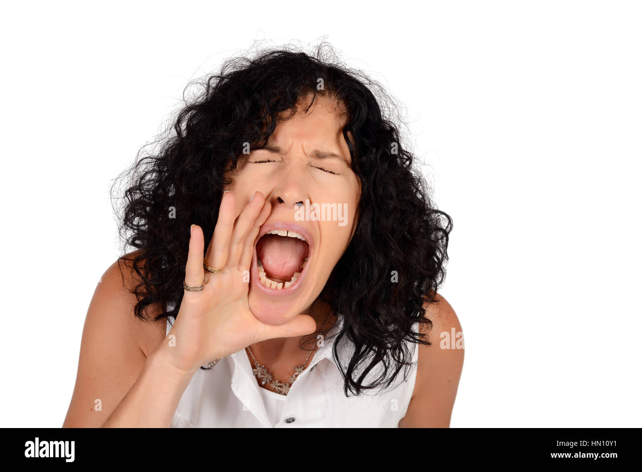 Beautiful woman shouting and screaming. Isolated white background Stock ...
