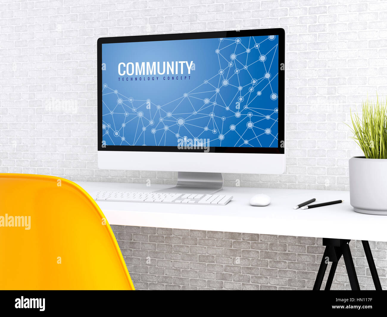 3D illustration. Modern workspace and computer with word COMMUNITY ...