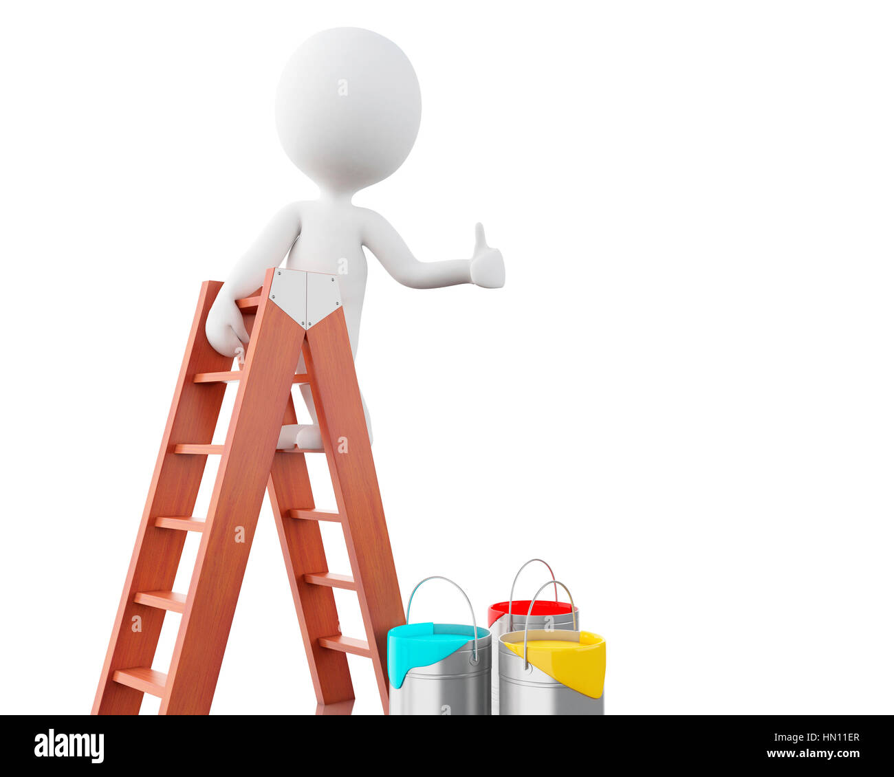 3d renderer image. White people with paint buckets. Isolated white ...